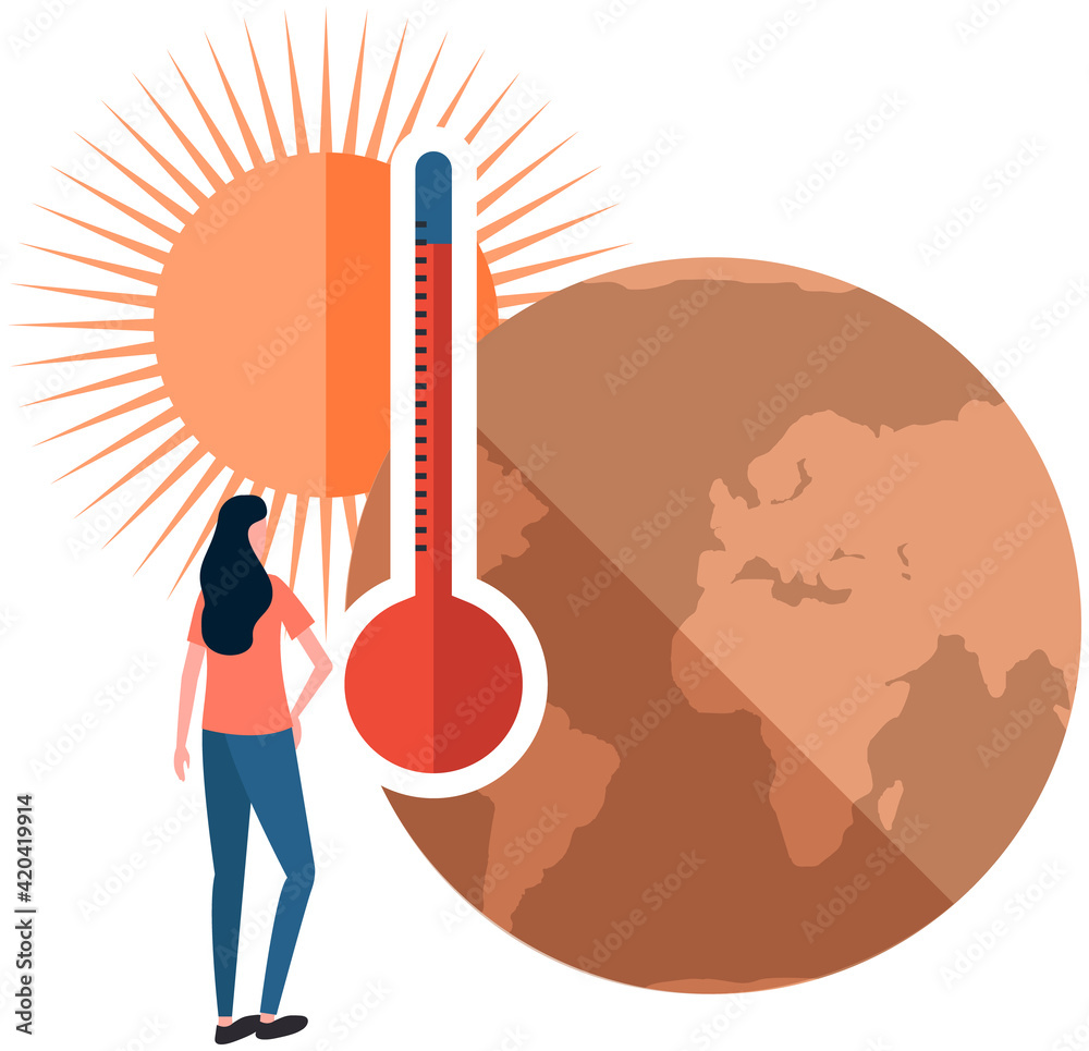 Girl looking at thermometer measuring temperature of air and water on ...