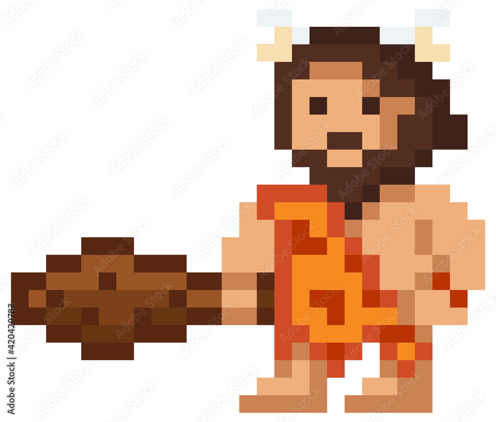 Vector pixel illustration of cartoon caveman, pixelated primitive man ...