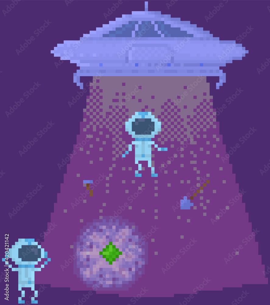 UFO on spaceship. Space pixel game design layout. Flying saucer engulfs ...