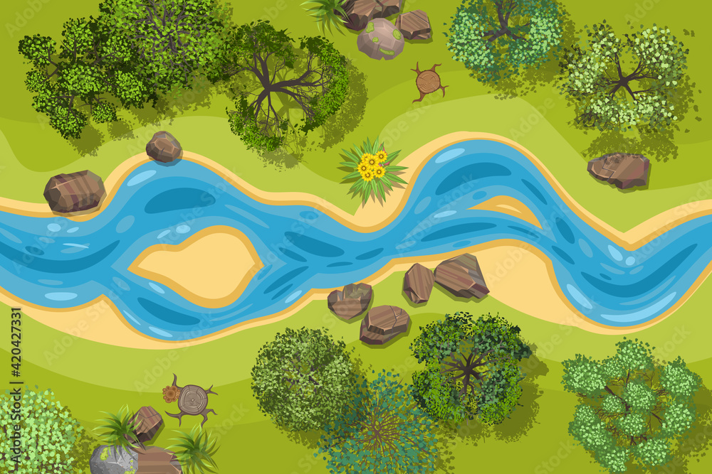 Vector illustration. Landscape with a winding river. (Top view) River ...