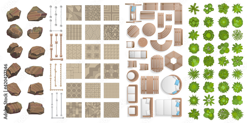Vector set for landscape design. Outdoor furniture, architectural ...