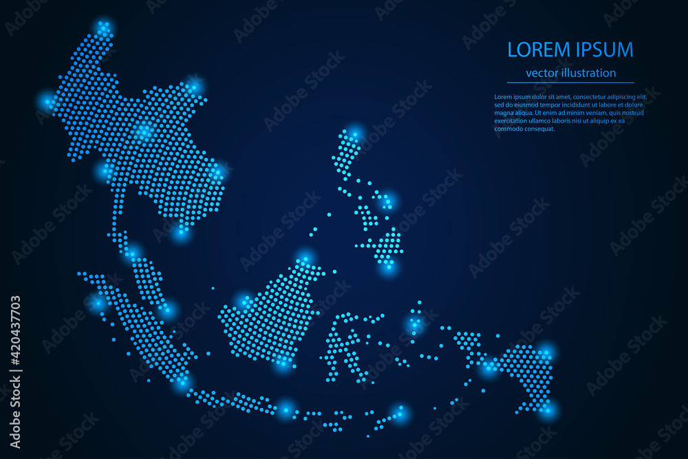 Abstract image Southeast Asia map from point blue and glowing stars on ...