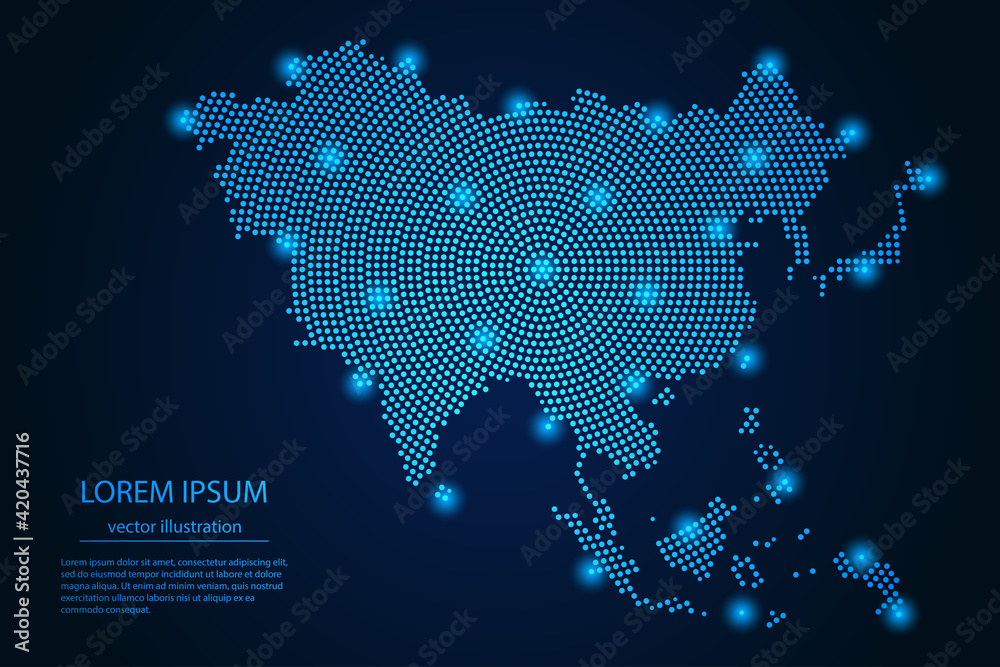 Abstract image Asia map from point blue and glowing stars on a dark ...