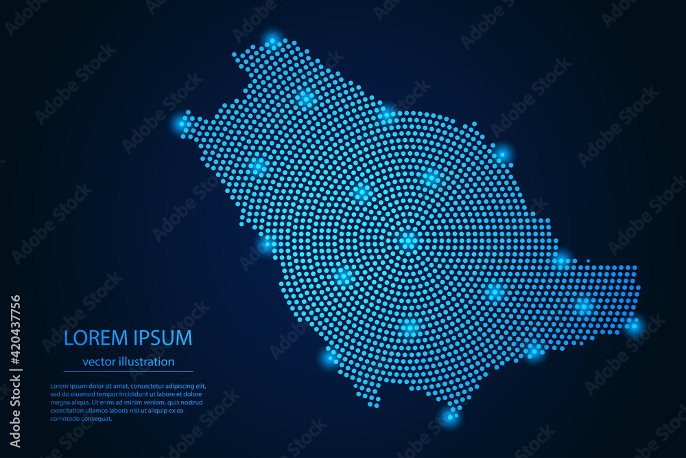 Abstract image Saudi Arabia map from point blue and glowing stars on a ...