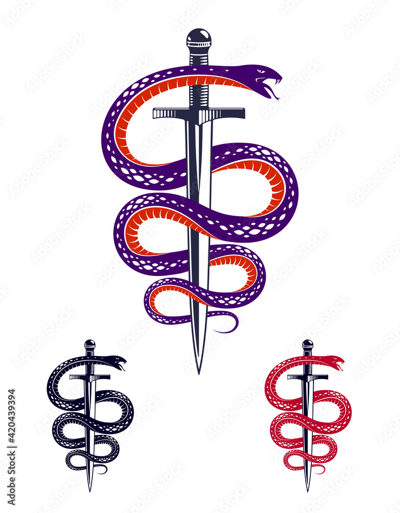 Snake and Dagger, Serpent wraps around a sword vector vintage tattoo ...
