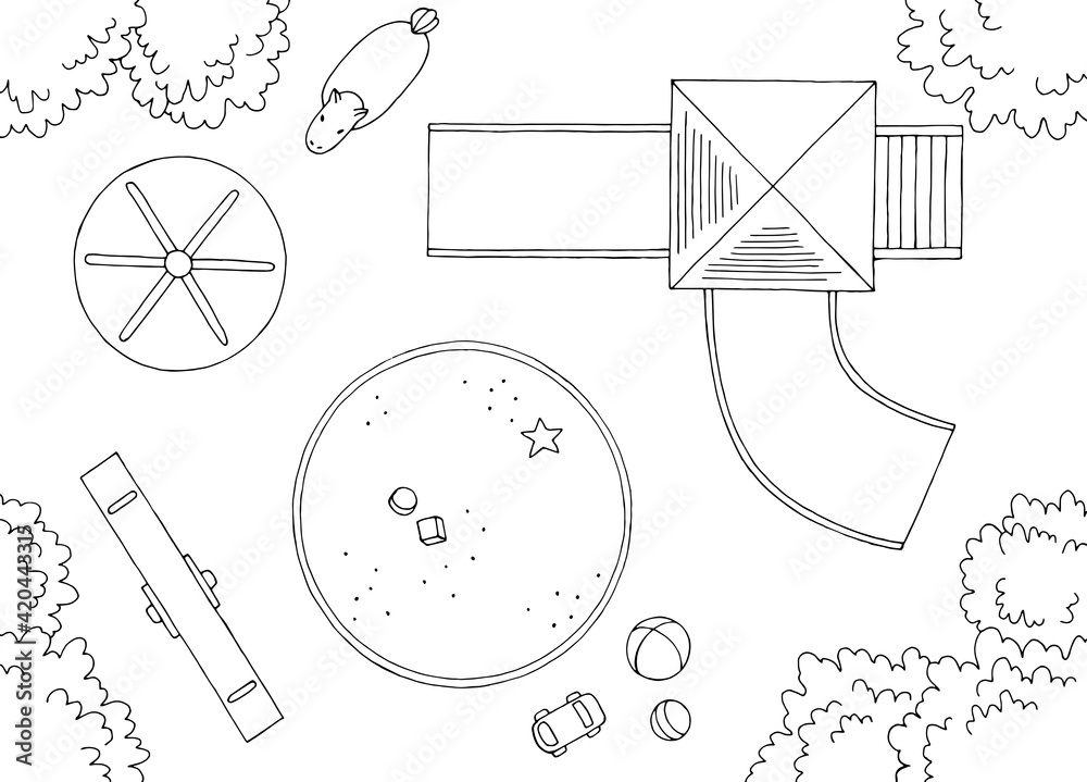 Playground top aerial view graphic black white landscape sketch ...