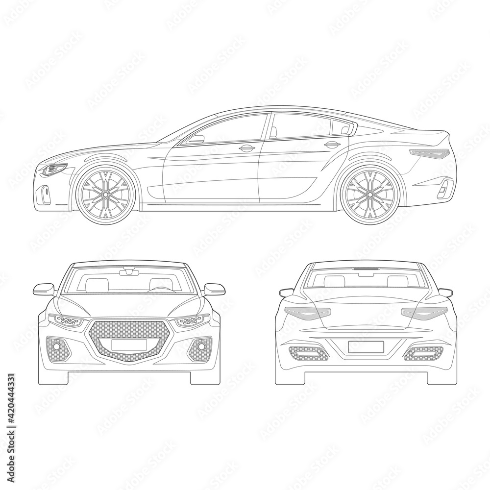 Car in outlines. Front, side, rear view. Set of modern vehicle ...