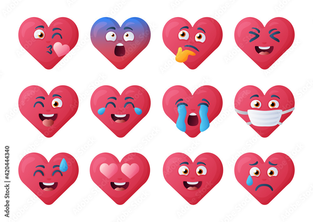 Heart emoji pack icons for apps. Bundle of bright heart emoji with ...