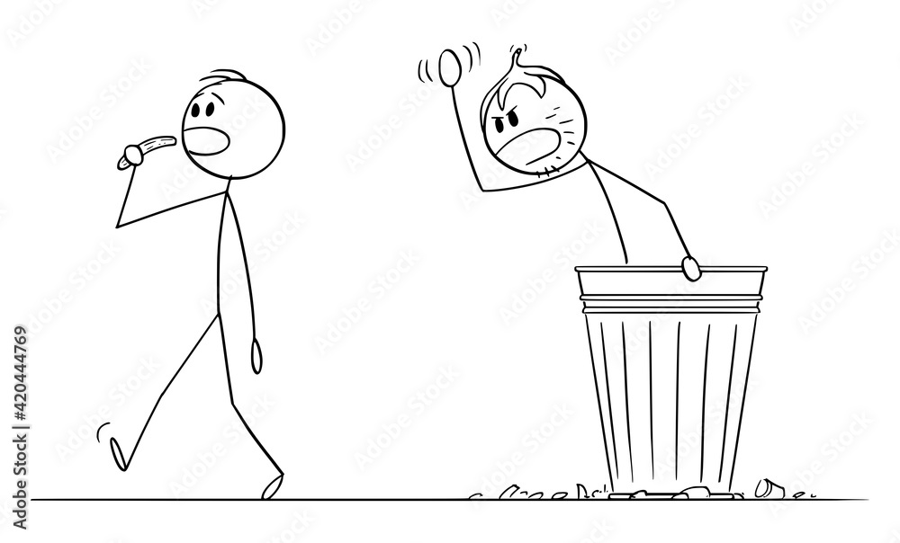 Beggar Homeless Man Living in Garbage Can , Vector Cartoon Stick Figure ...