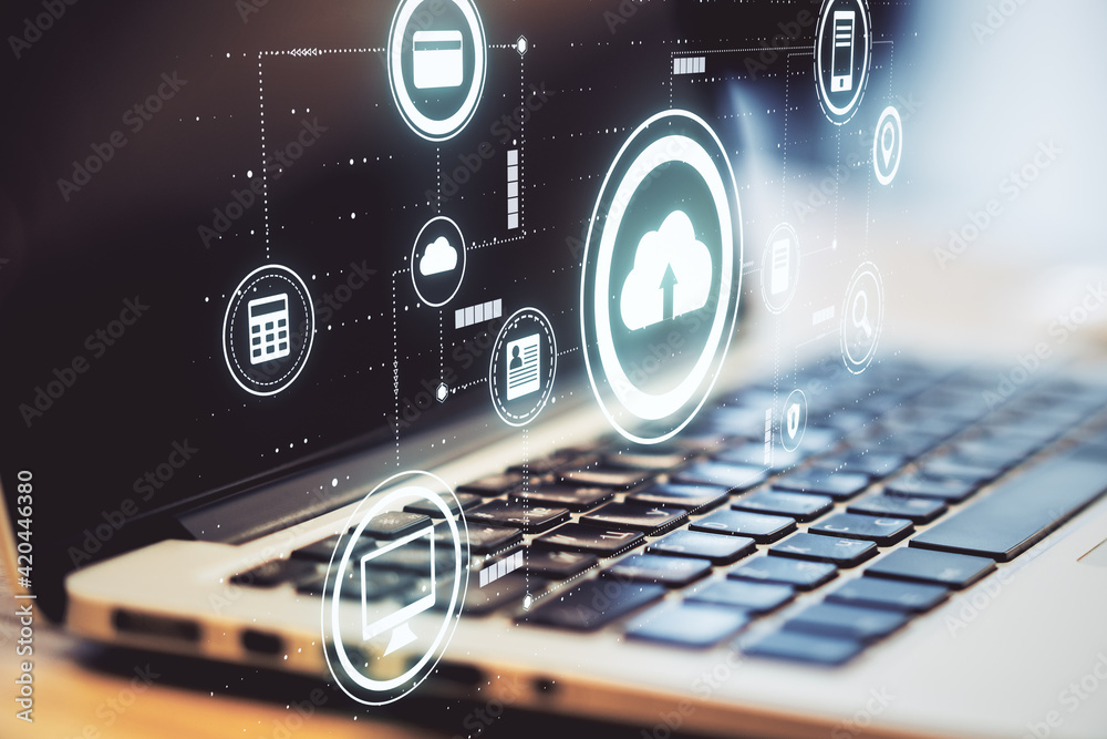 Data exchange technology concept with virtual cloud service application ...