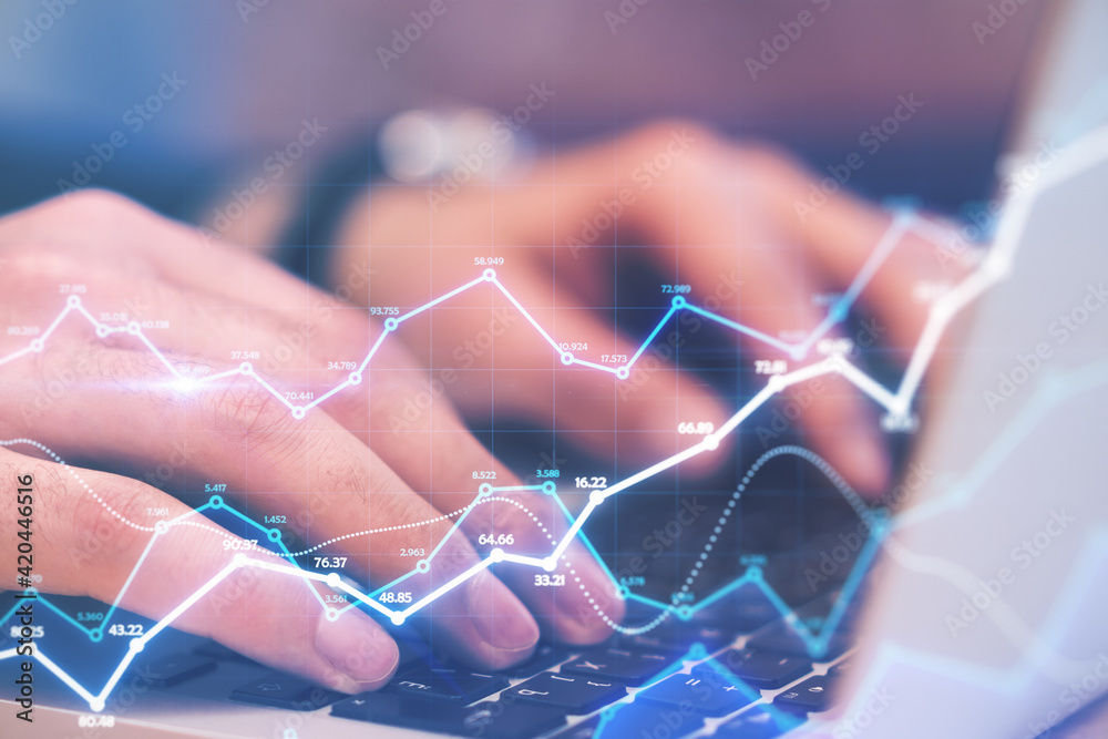 Big data concept with man hands typing on laptop keyboard and digital ...