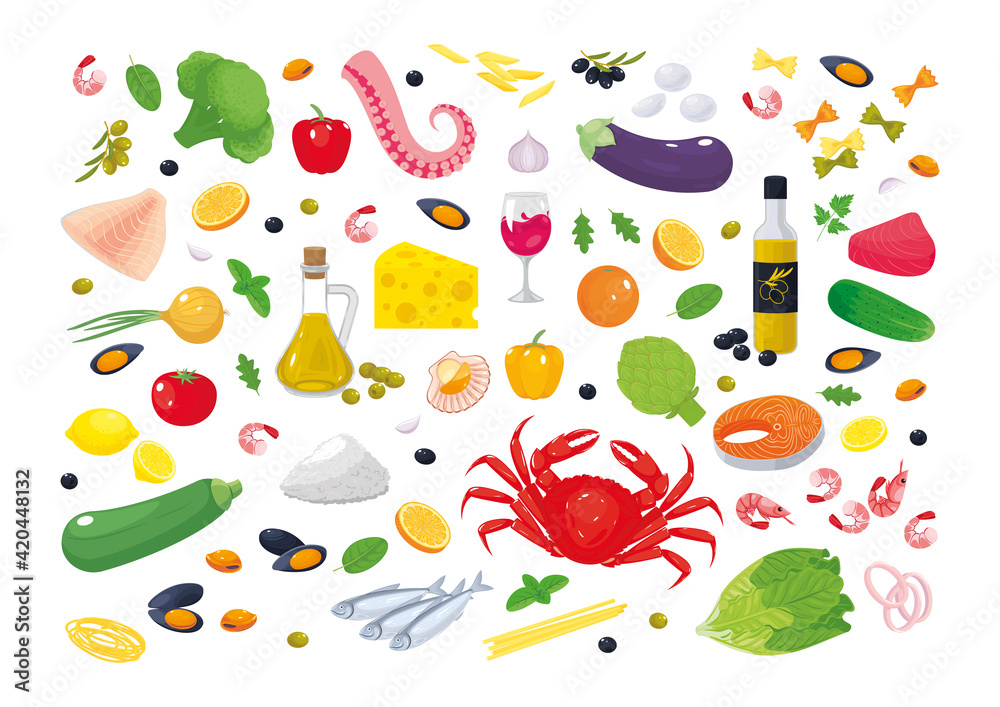 Collection of Mediterranean cuisine ingredients: vegetables, seafood ...