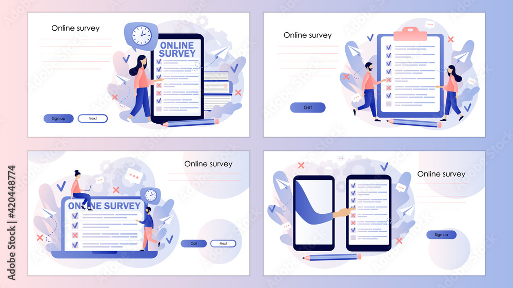 Online survey concept. Tiny people filling online survey form. Feedback ...
