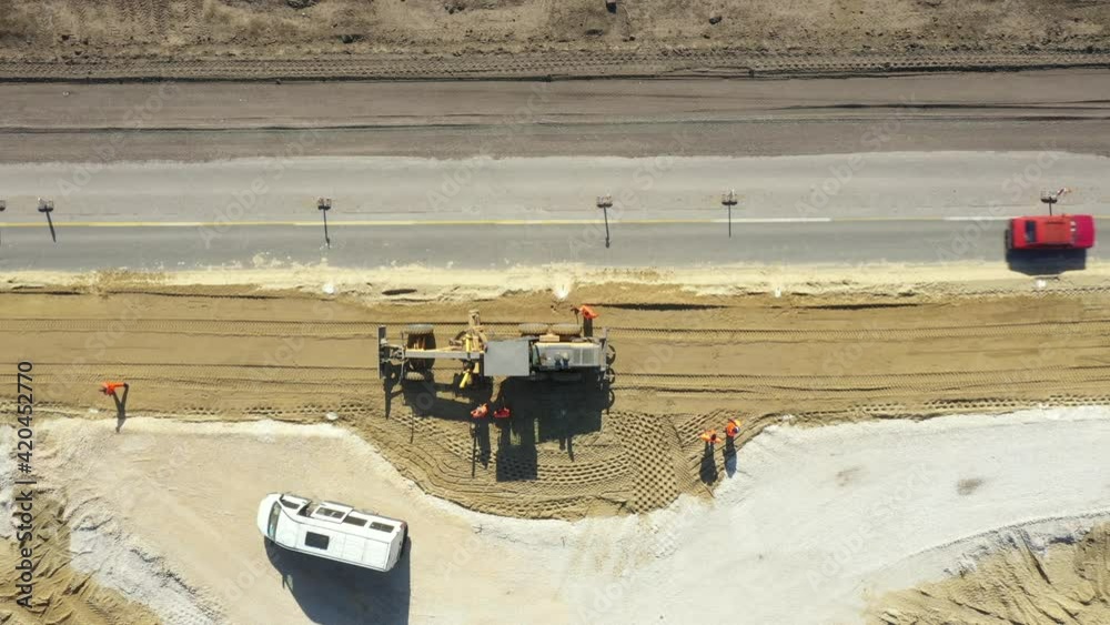 Above top view, overhead on blade leveling machine, grader, until is ...