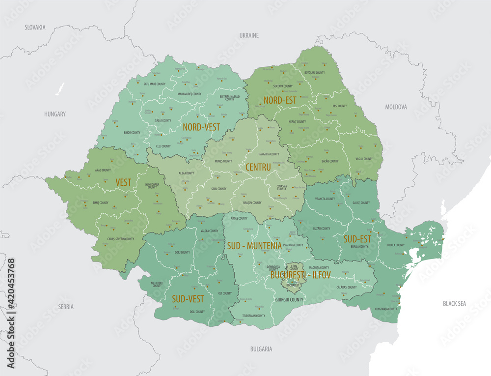 Detailed map of Romania with administrative divisions into regions and ...