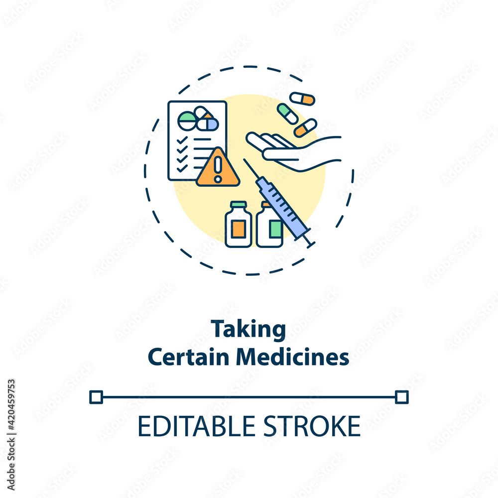 Taking certain medicines concept icon. Dry eye causes. Clinical ...