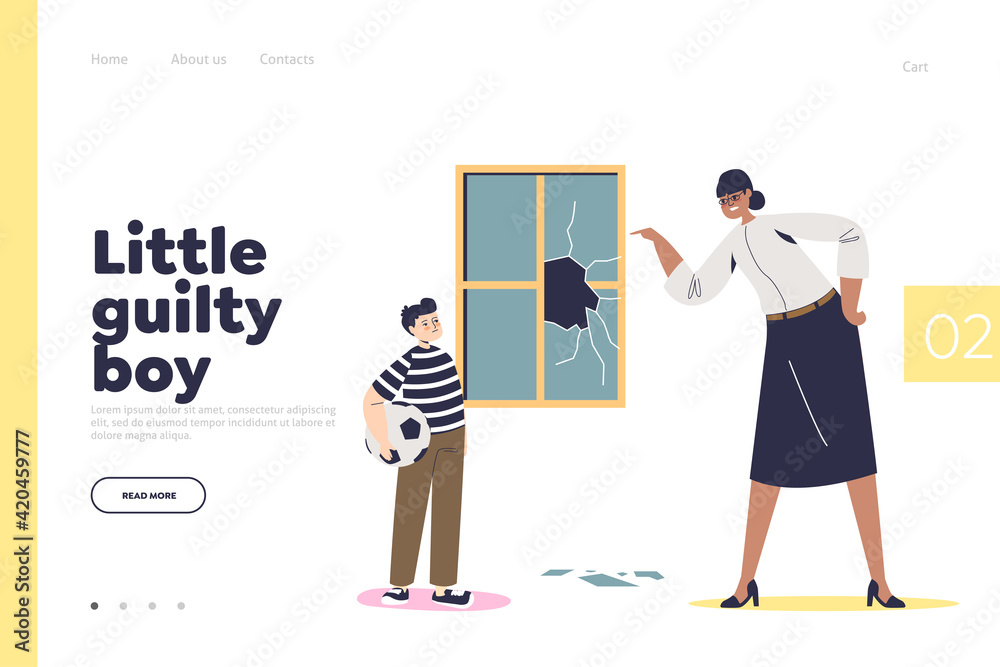 Little guilty boy concept of landing page with teacher scolding pupil ...