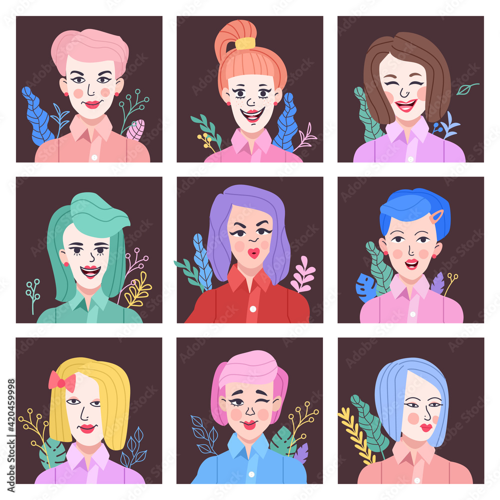 Set of young female characters. Cartoon style people icons. Isolated ...