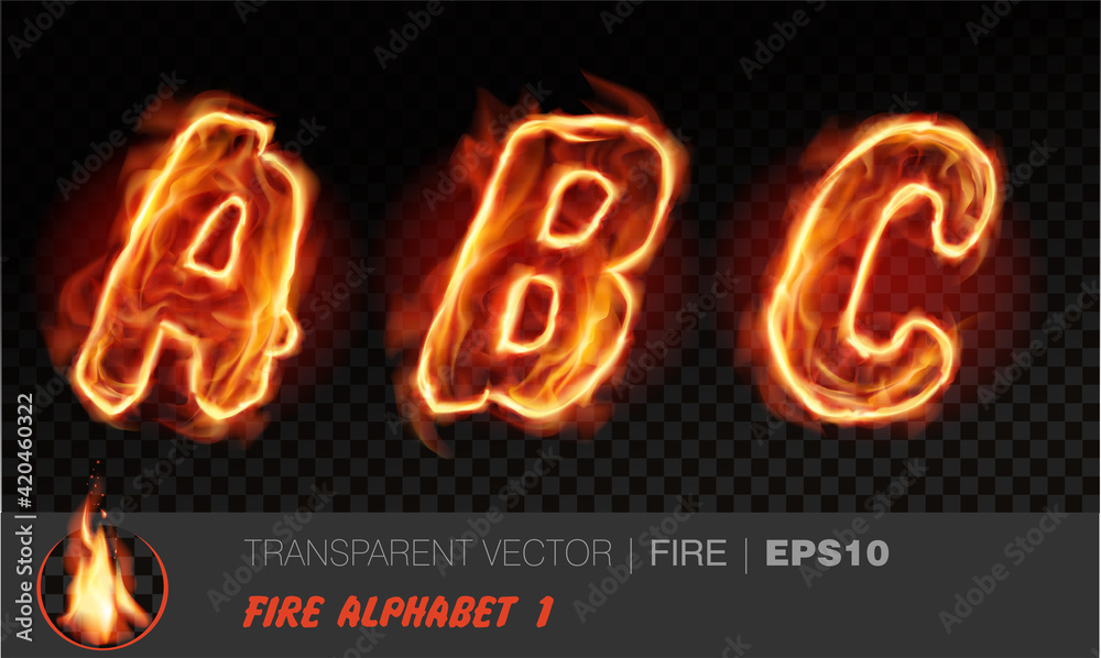 Alphabet of fire. Transparent realistic vector on dark background ...