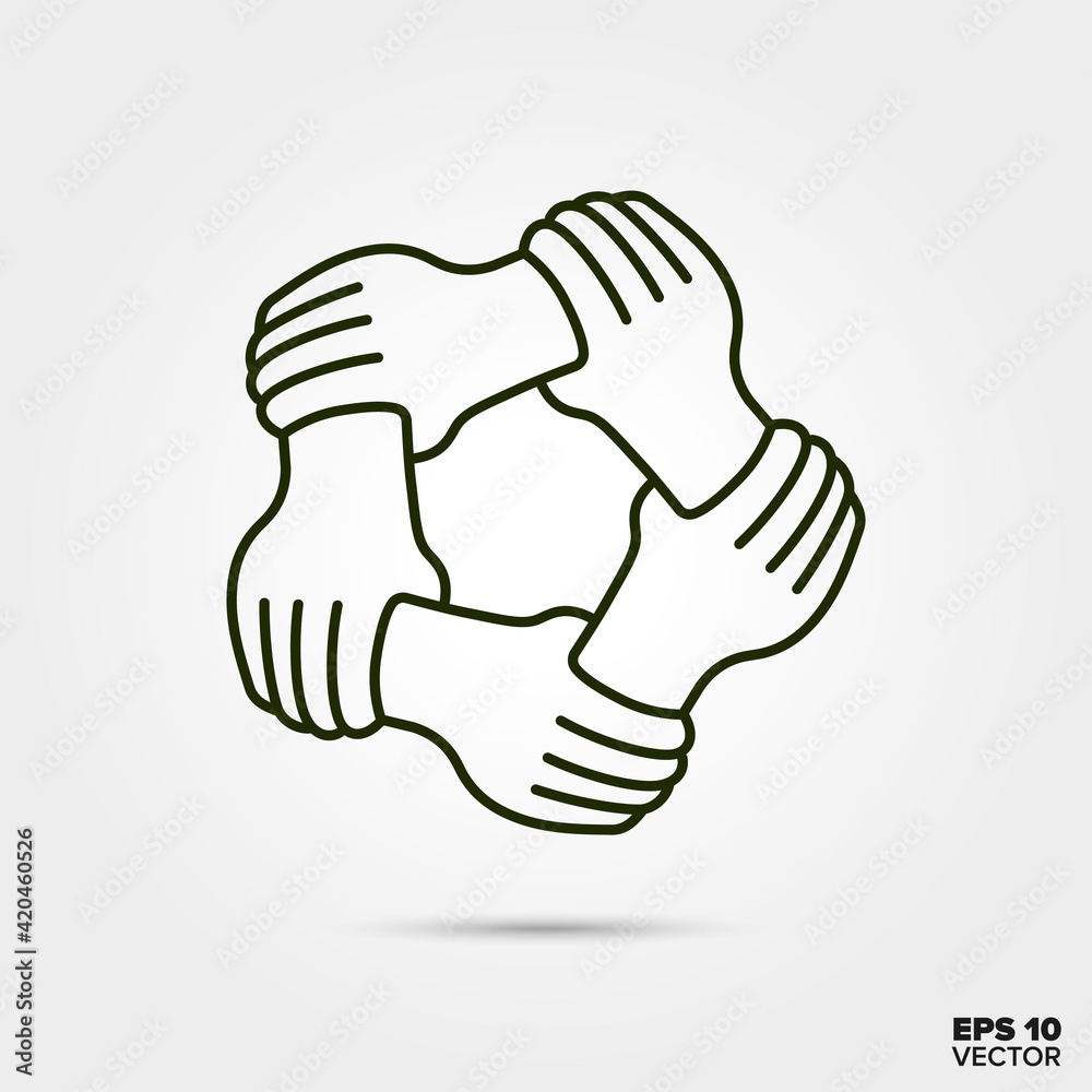 Teamwrk concept. Five hands holding each others wrist vector line icon ...