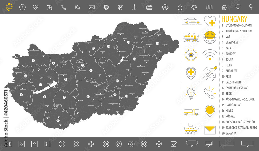 Detailed monochrome map of Hungary, gray country territory with ...