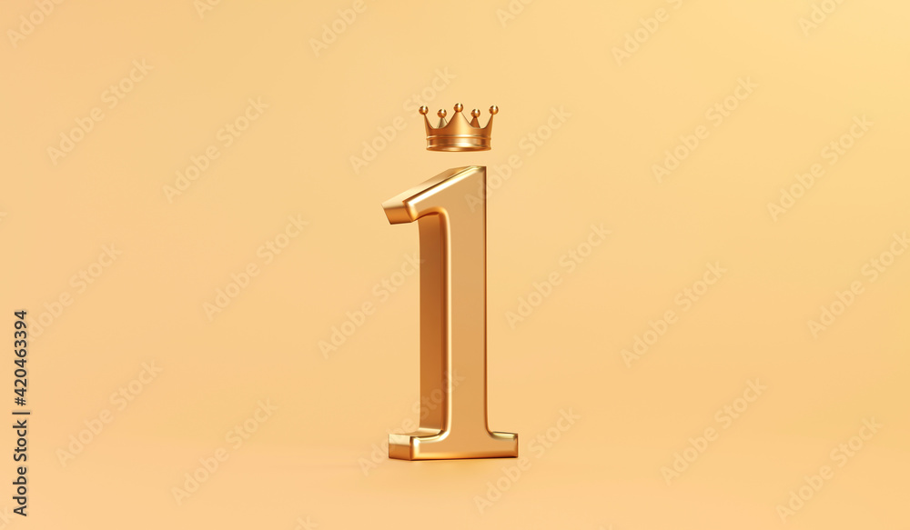 Gold number 1 and golden king crown award on success background with ...