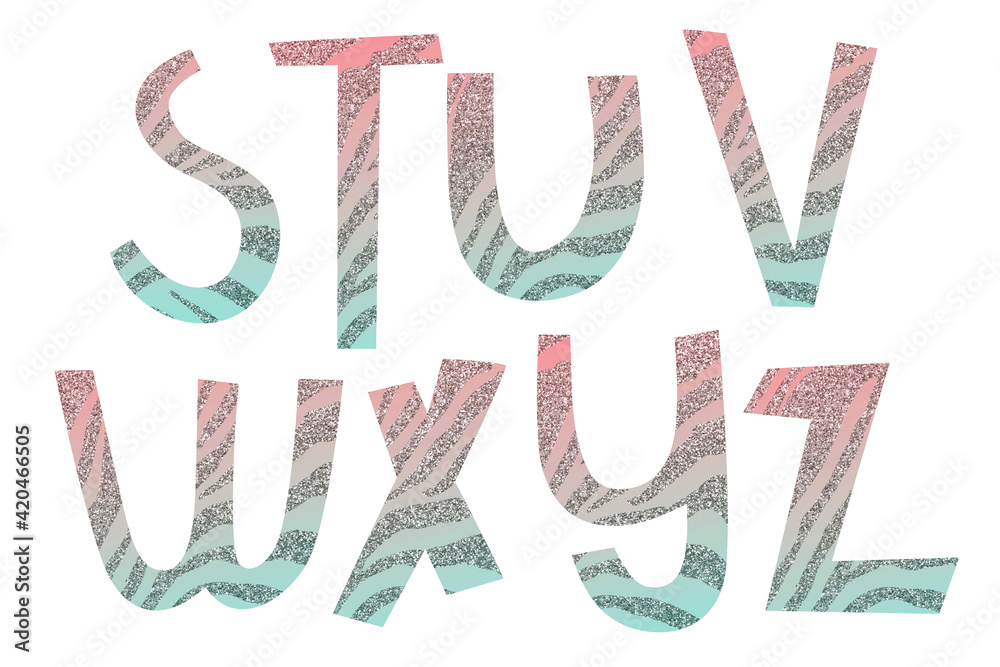 Latin alphabet. ABC with gradient and glitter zebra skin print. Clip ...