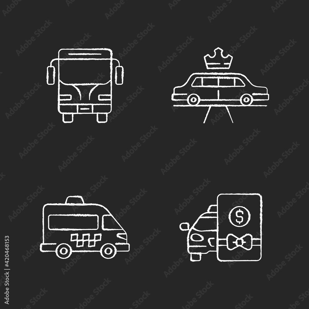 City public transport chalk white icons set on black background. Easy ...