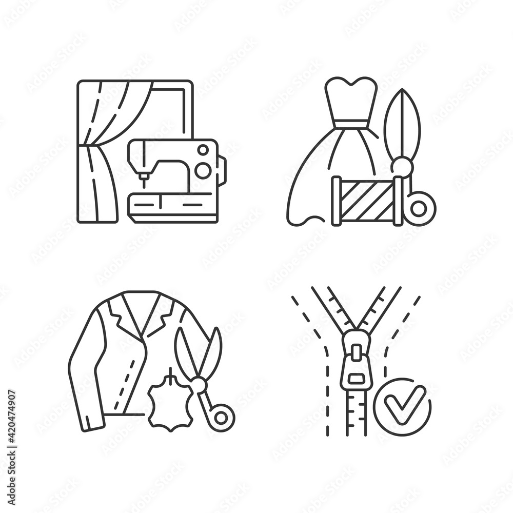 Clothes repair service linear icons set. Professional upholstery ...