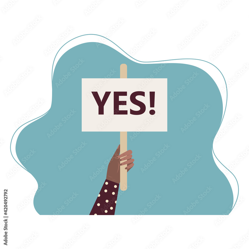 Vector cartoon illustration of human hand holding YES! sign banner ...
