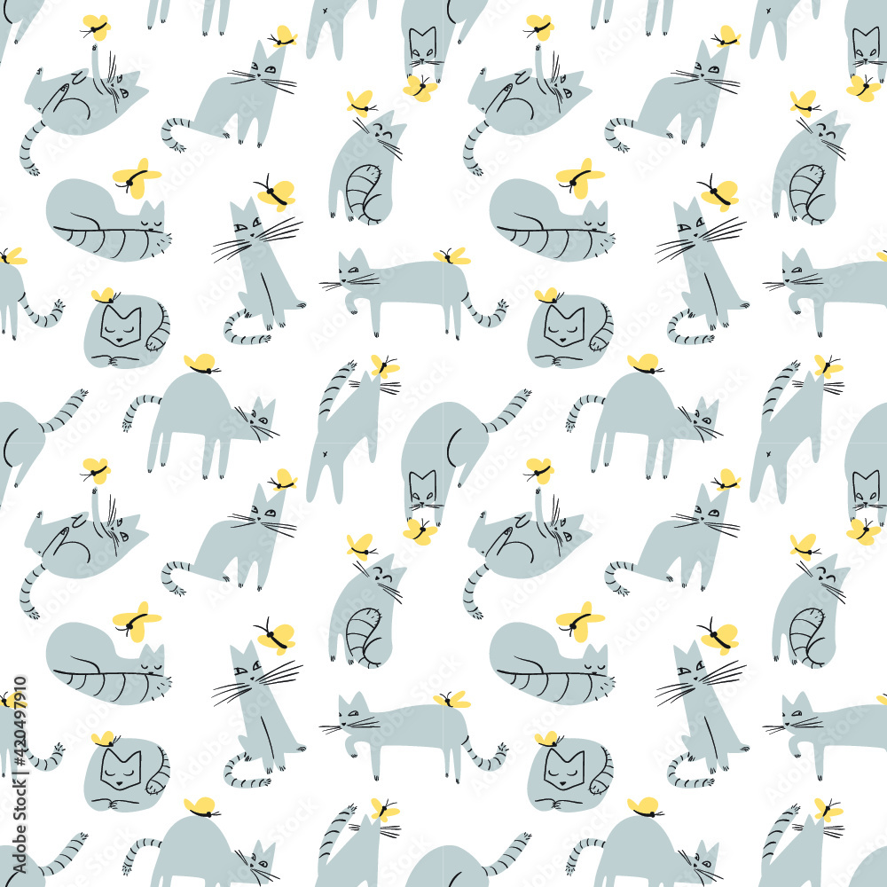 Seamless pattern with funny cats playing with butterflies. Background ...