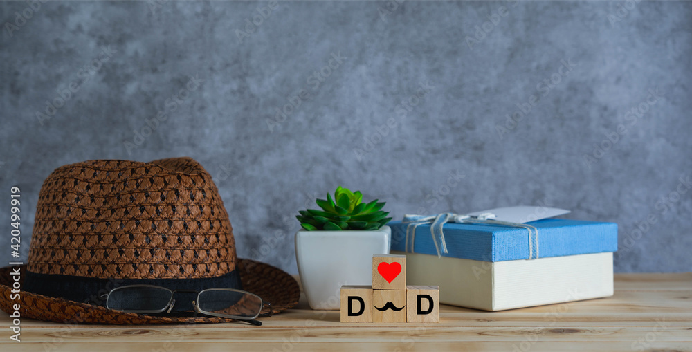 Objects on the table of Happy Fathers day holiday background concept ...