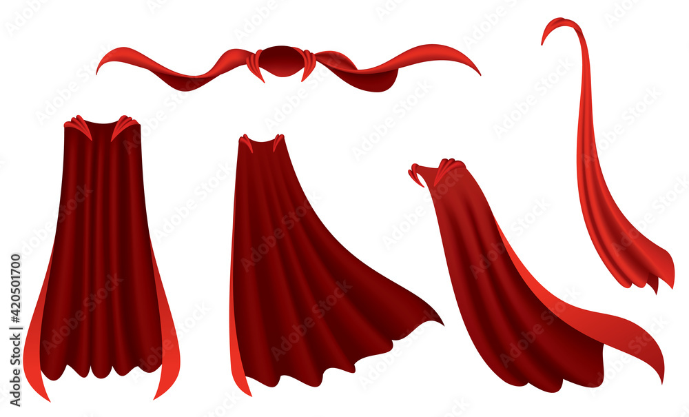 Superhero red cape. Scarlet fabric silk cloak in different position ...