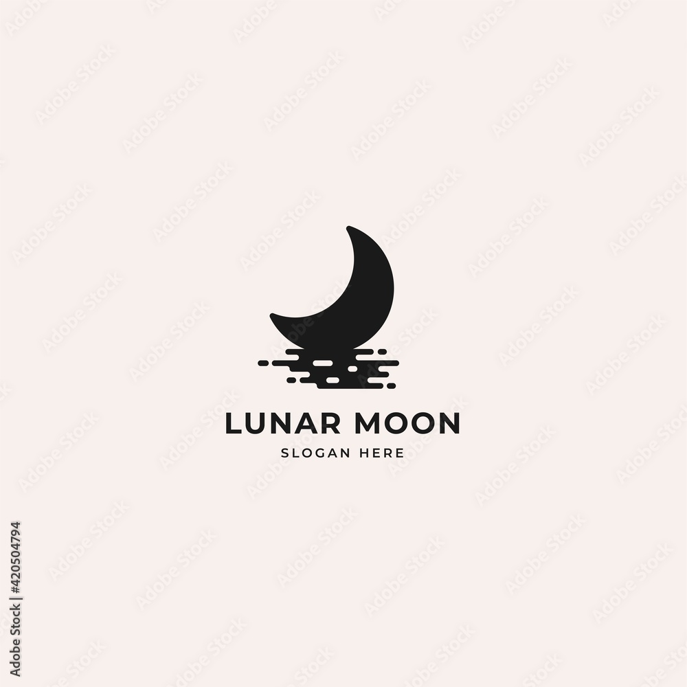 Lunar moon logo with silhouette of moon shadow on water. Creative logo ...