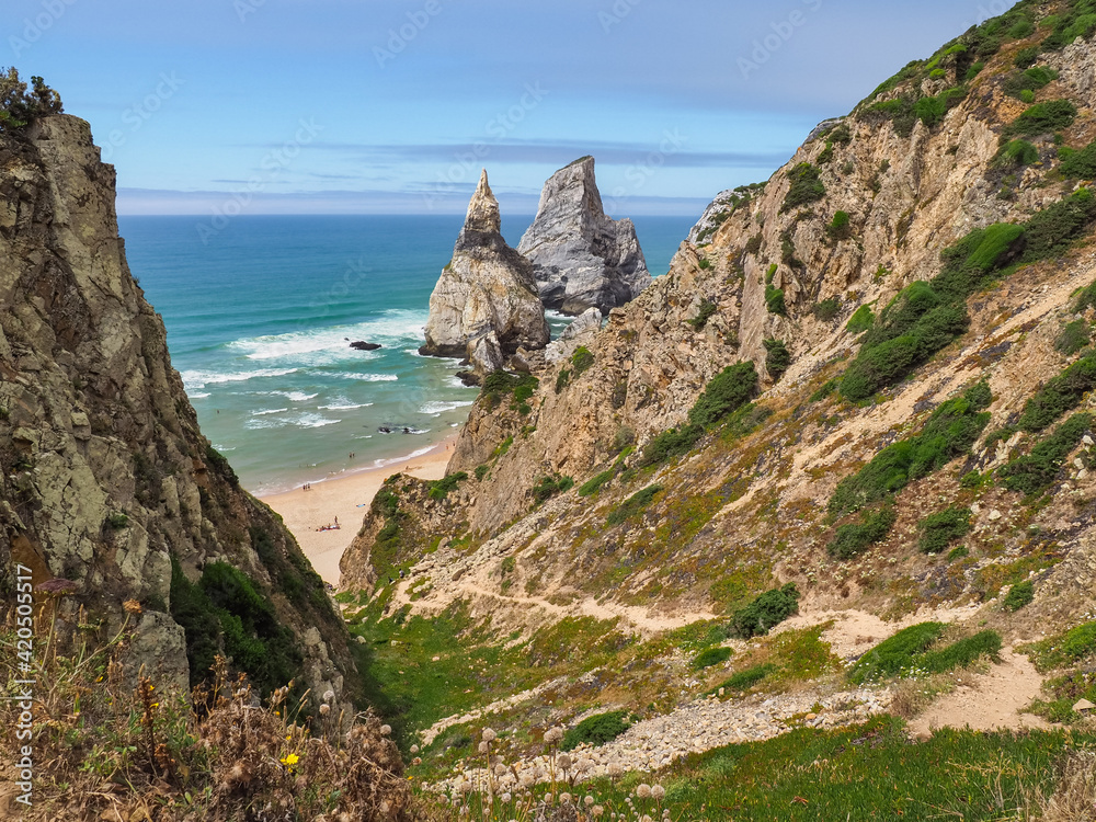 Beautiful Portuguese landscape. Blue Atlantic Ocean and amazing steep ...