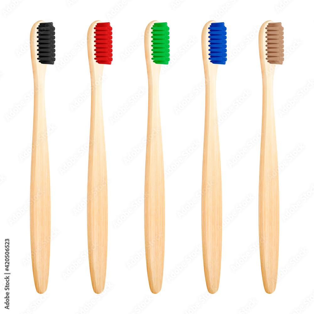 Vector 3d Realistic Brown Wooden, Bamboo Blank Toothbrush Set Isolated ...