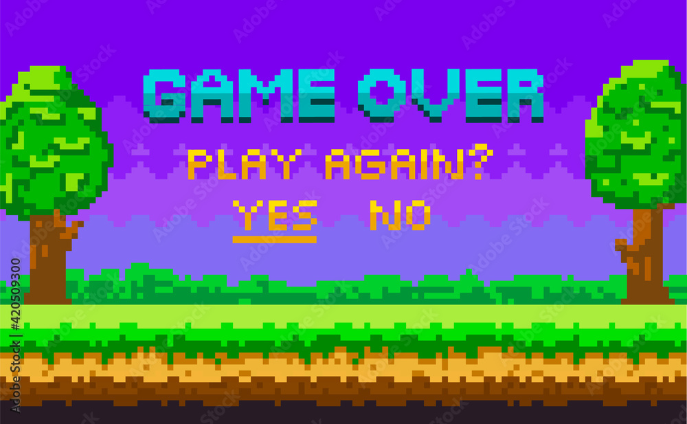 Game over pixel-game background. Pixel art game scene with green grass ...