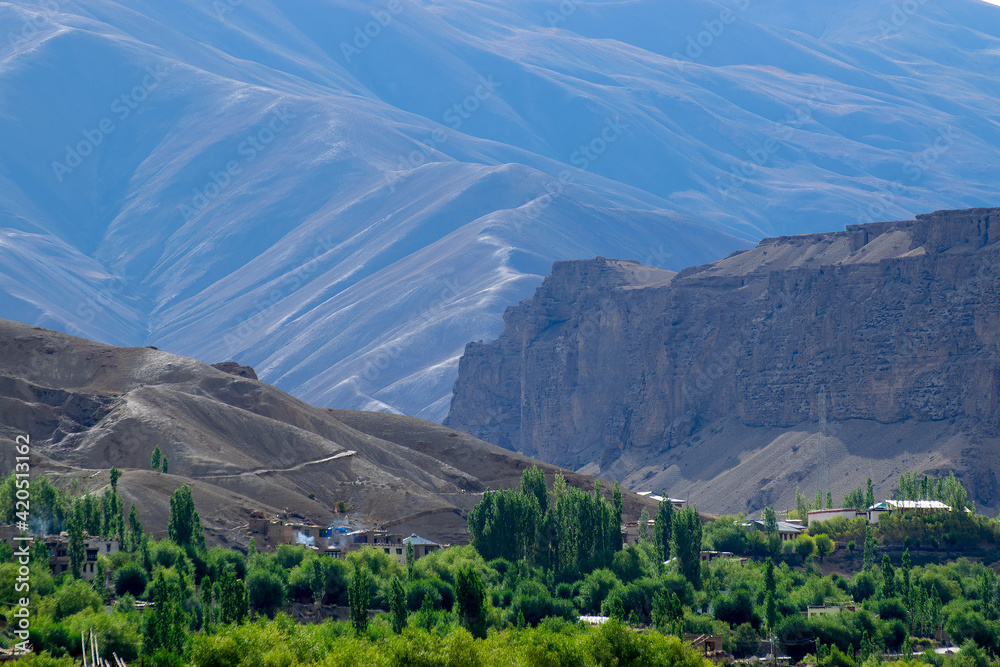 Layers of Himalayan mountains, view of Leh ladakh landscape, at Mulbekh ...