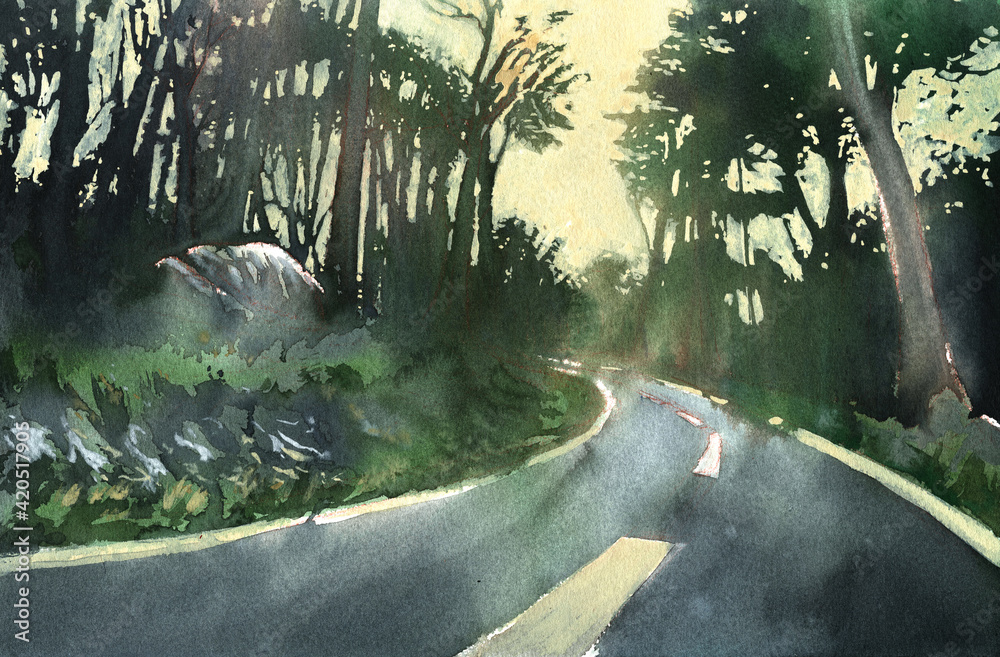 watercolor landscape, mountain road. switchbacks and curves. asphalt ...
