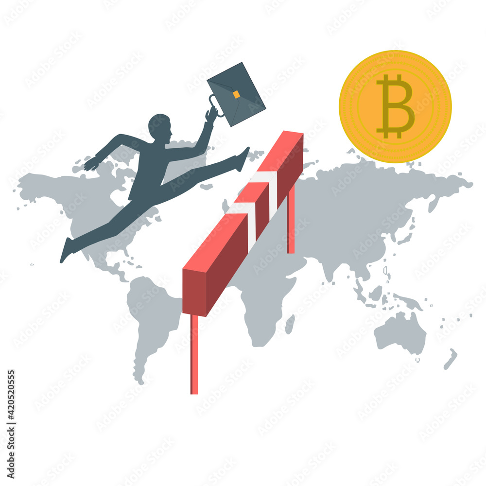 Bitcoin symbol, a man with a briefcase jumps over the barrier, world ...