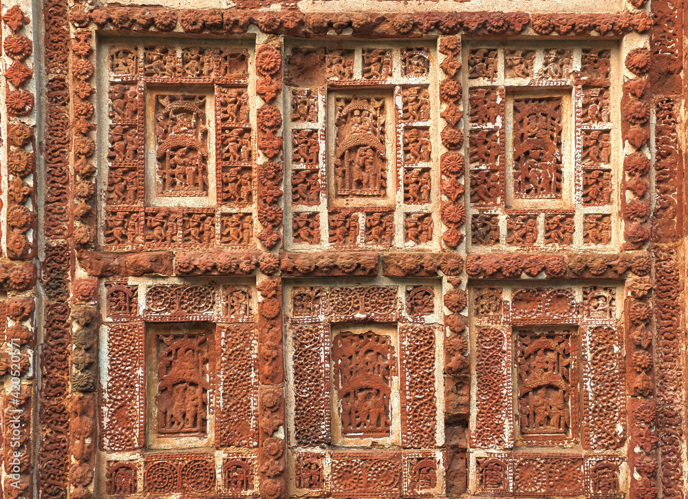 Relief work in the wall of Jor Bangla temple, a famous terracotta ...