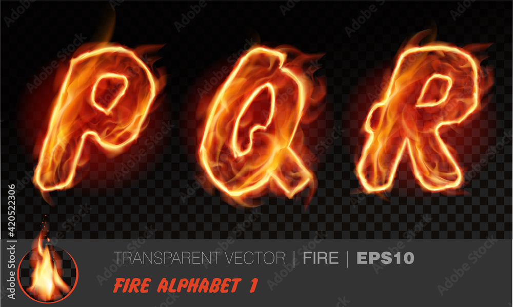 Alphabet of fire. Transparent realistic vector on dark background ...