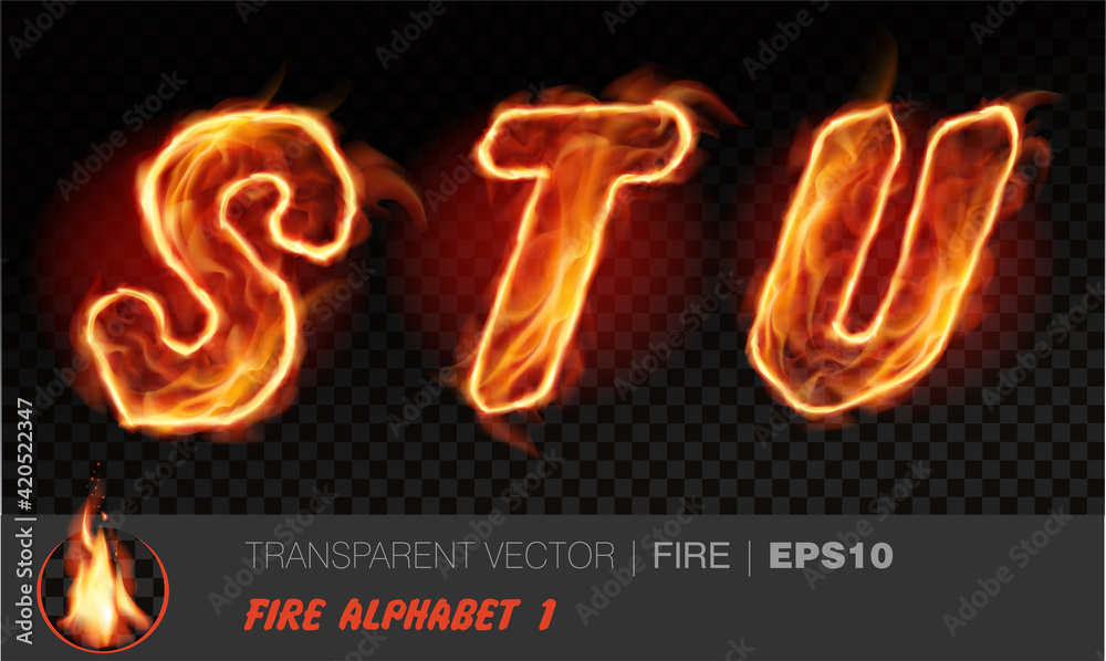 Alphabet of fire. Transparent realistic vector on dark background ...