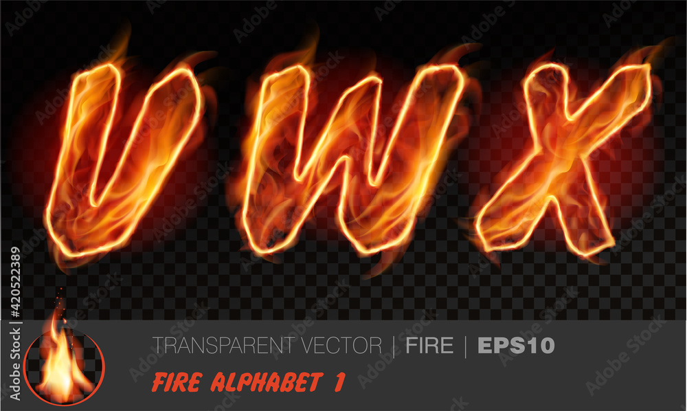 Alphabet of fire. Transparent realistic vector on dark background ...