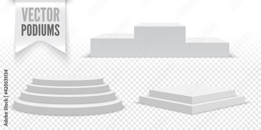 White blank podiums on transparent background. Set of pedestals. Vector ...