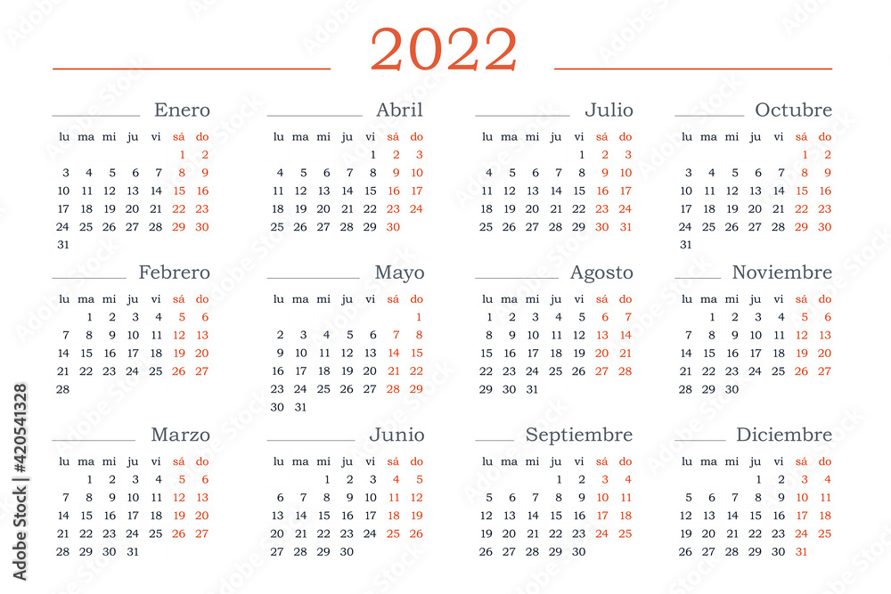 2022 year Calendar in Spanish. Horizontal Vector editable template ...