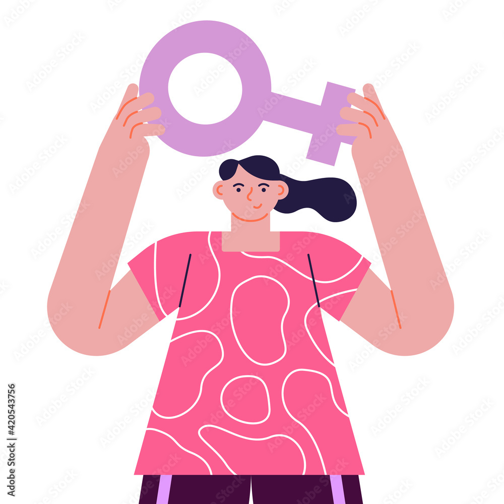 Strong woman holding female symbol cartoon Stock Vector | Adobe Stock