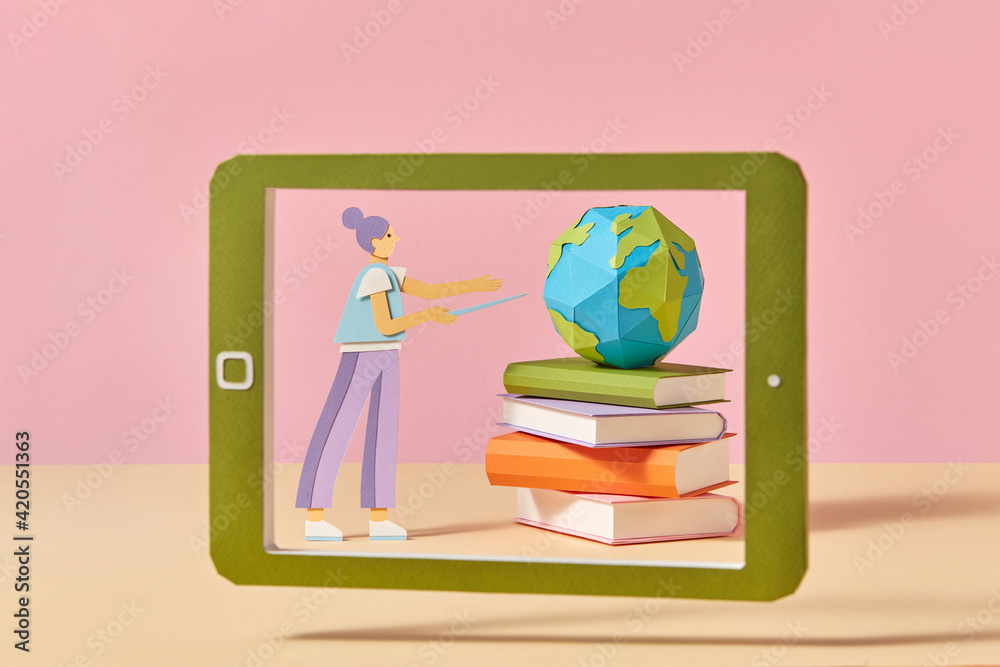 Papercraft teacher with books and globe on a screen. Stock Photo ...