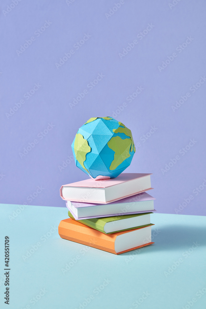 Papercraft stack of study books and Earth's globe. Stock Illustration ...