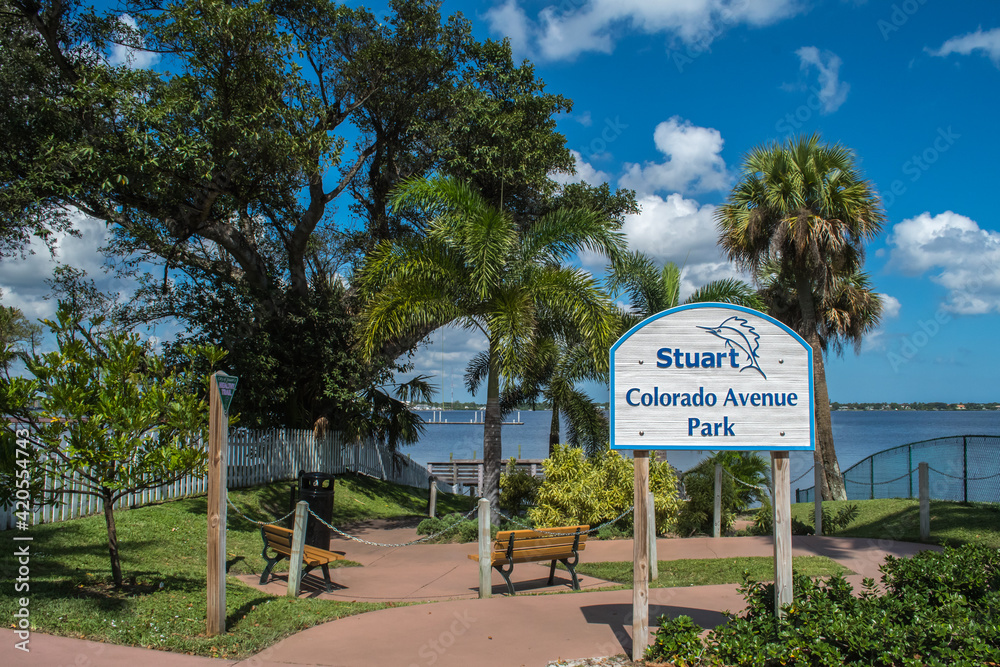 Downtown historic Stuart, Florida. Entrance to Colorado Avenue Park ...